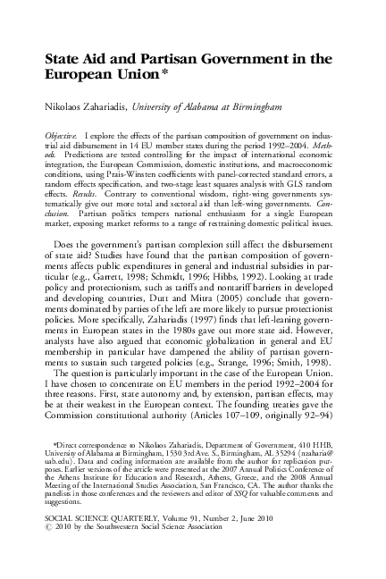 (PDF) State Aid and Partisan Government in the European Union