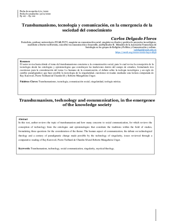 (PDF) Transhumanismo, tecnología y comunicación, en la emergencia de la sociedad del conocimiento
