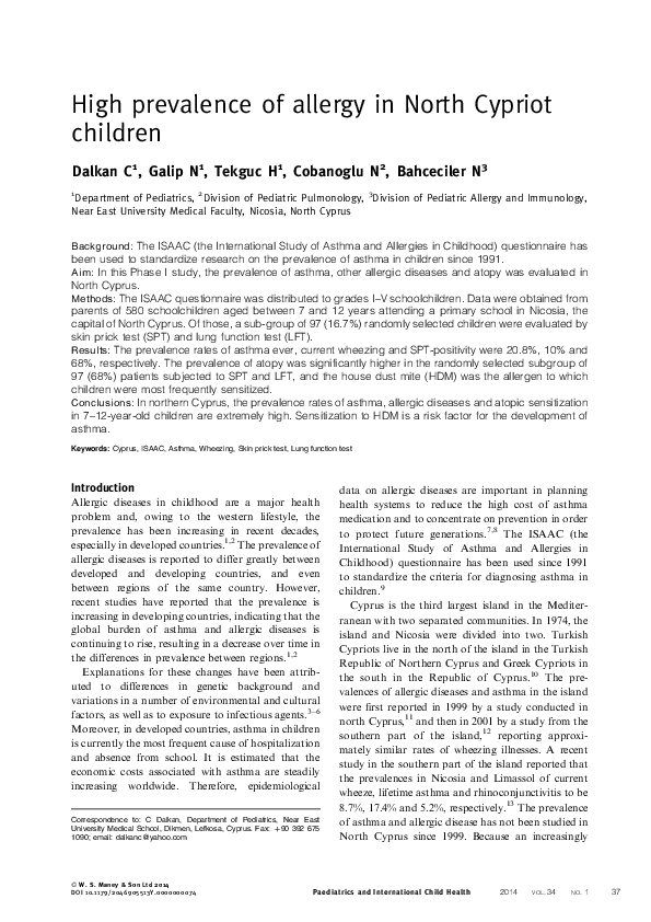 (PDF) High prevalence of allergy in North Cypriot children