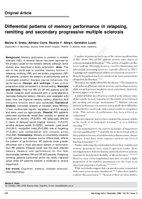 (PDF) Differential patterns of memory performance in relapsing ...
