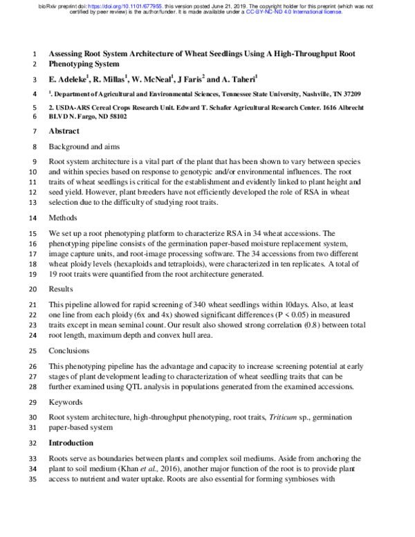 Pdf Assessing Root System Architecture Of Wheat Seedlings Using A High Throughput Root