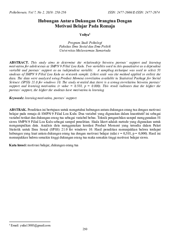 Hubungan Antara Dukungan Orangtua Dengan Motivasi Belajar Pada Remaja