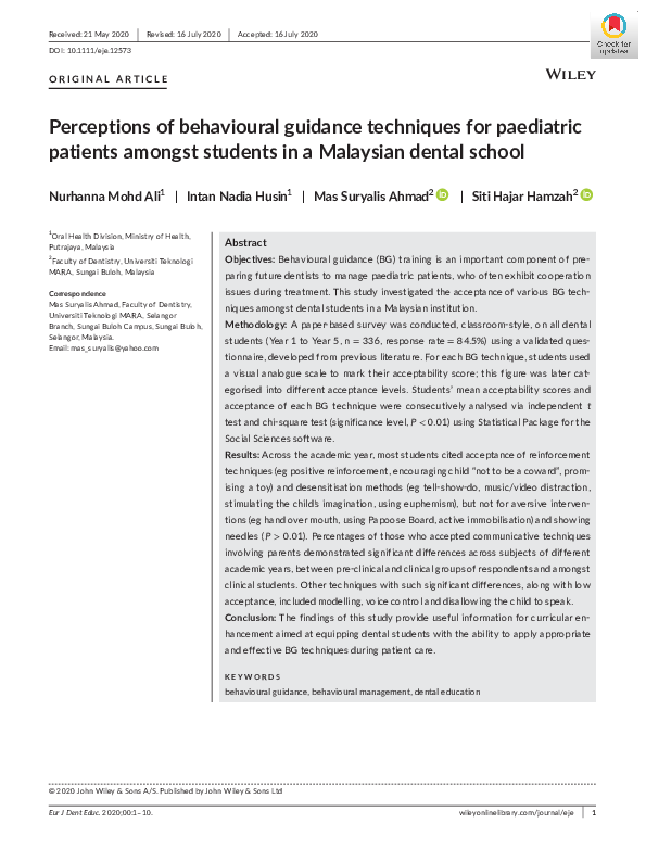 (PDF) Perceptions of behavioural guidance techniques for paediatric patients amongst students in ...