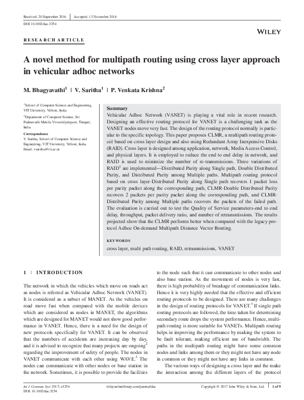 Pdf A Novel Method For Multipath Routing Using Cross Layer Approach In Vehicular Adhoc Networks