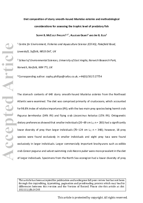 (PDF) Diet composition of starry smooth‐hound Mustelus asterias and ...
