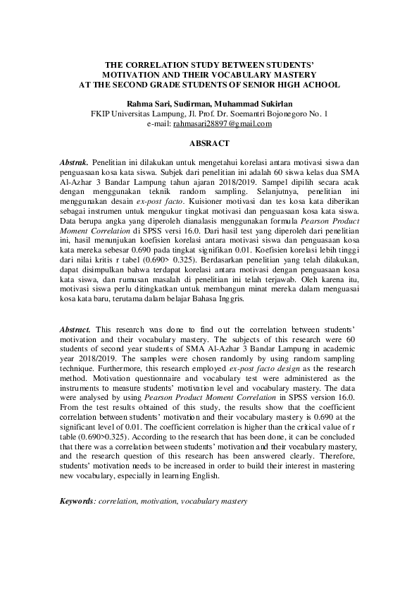(PDF) The Correlation Study between Students' Motivation and Their Vocabulary Mastery