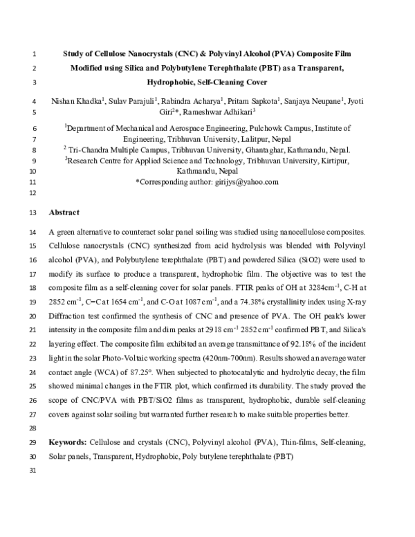 (PDF) Study of Cellulose Nanocrystals (CNC) & Polyvinyl Alcohol (PVA) Composite Film Modified ...