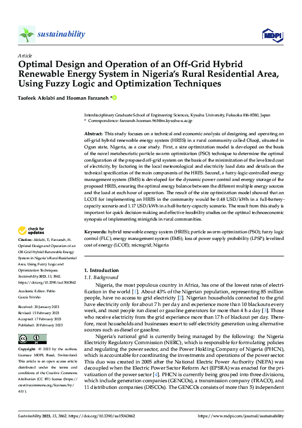 Pdf Optimal Design And Operation Of An Off Grid Hybrid Renewable