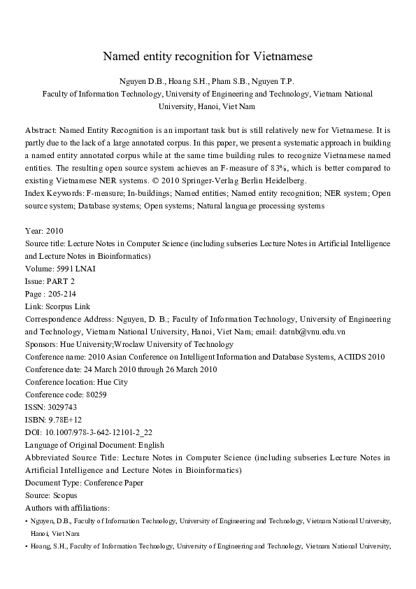 (PDF) Named Entity Recognition for Vietnamese | Sơn Hoàng - Academia.edu
