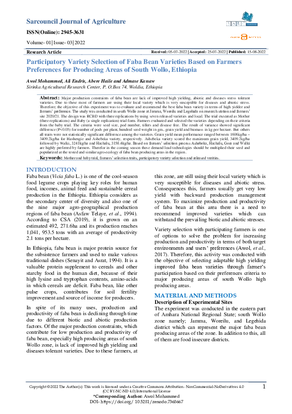 (PDF) Participatory Variety Selection of Faba Bean Varieties Based on Farmers Preferences for ...