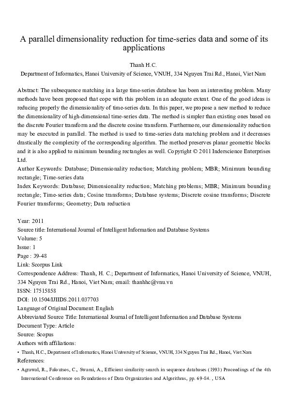 Pdf A Parallel Dimensionality Reduction For Time Series Data And Some Of Its Applications
