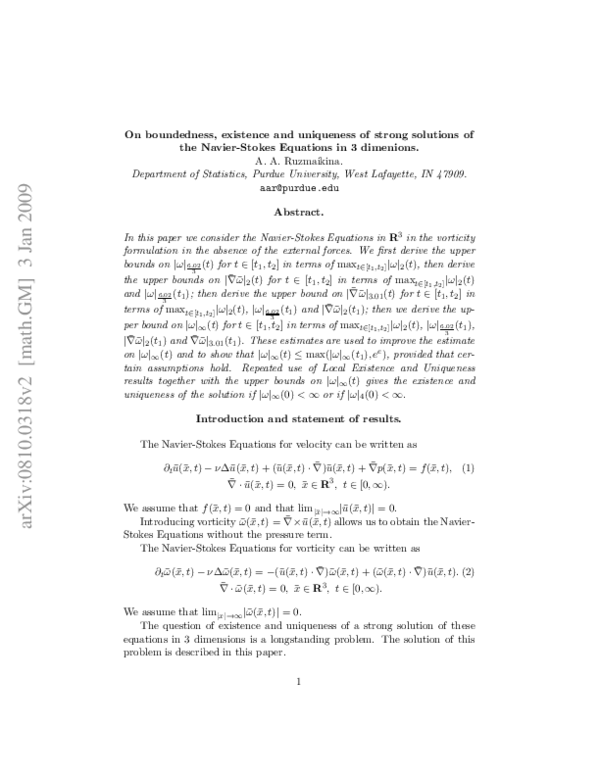 Pdf On Boundedness Existence And Uniqueness Of Strong Solutions Of The Navier Stokes