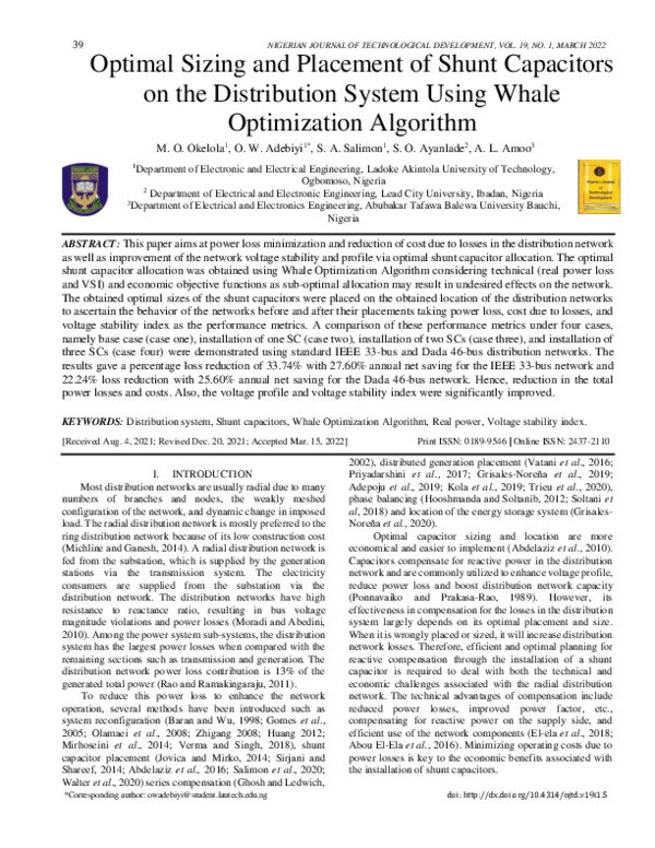 (PDF) Optimal sizing and placement of shunt capacitors on the distribution system using Whale ...