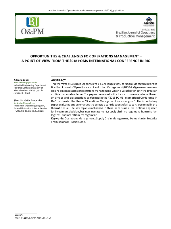 (PDF) Opportunities Challenges for Operations Management – A point of ...