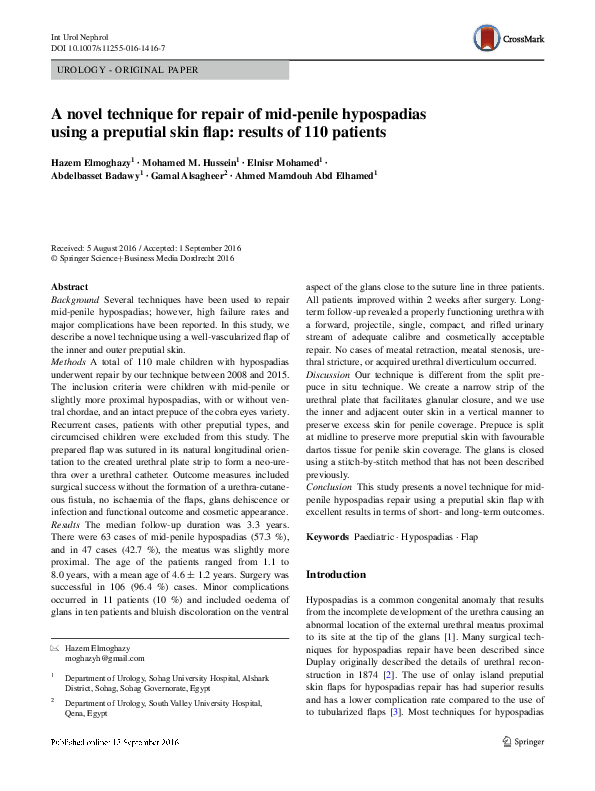 (PDF) A novel technique for repair of mid-penile hypospadias using a ...