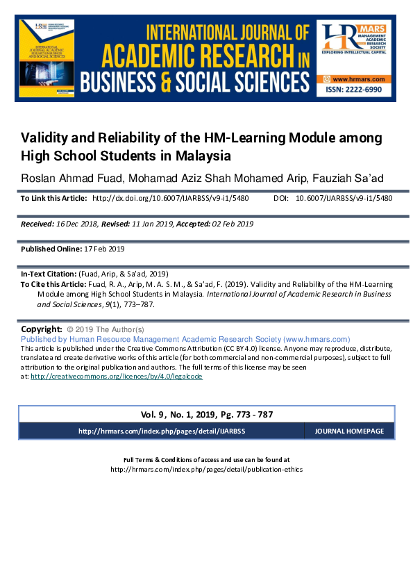 (PDF) Validity and Reliability of the HM-Learning Module among High ...