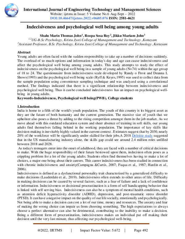 (PDF) Indecisiveness and psychological well being among young adults