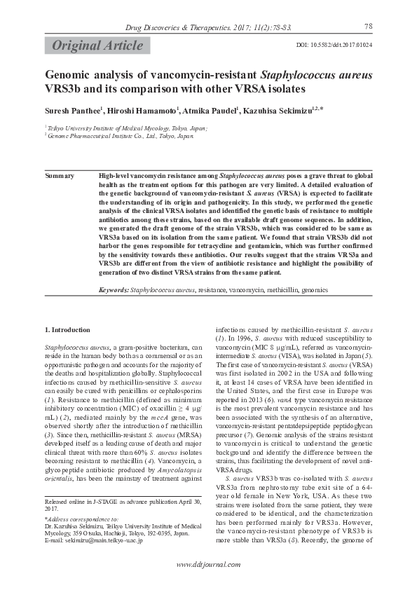 (PDF) Genomic analysis of vancomycin-resistant Staphylococcus aureus VRS3b and its comparison ...