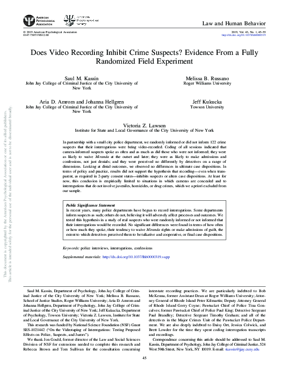 (PDF) Does video recording inhibit crime suspects? Evidence from a ...