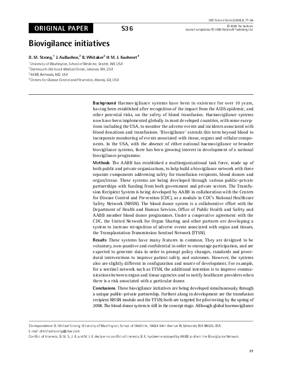 (PDF) Establishing a National Biovigilance Program in the USA