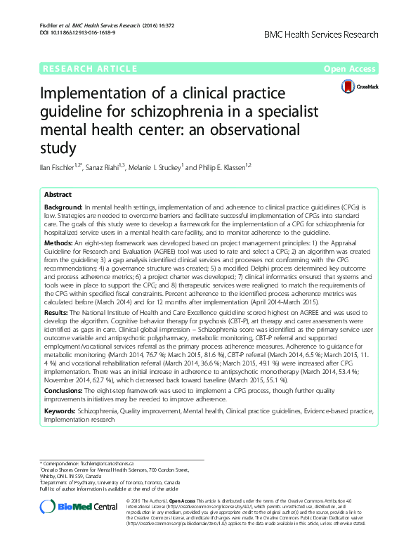 (PDF) Implementation of a clinical practice guideline for schizophrenia in a specialist mental ...