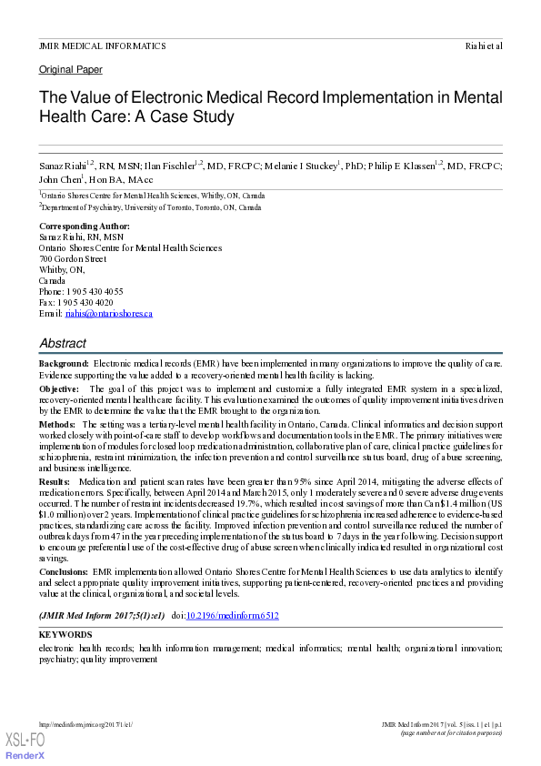 (PDF) The Value of Electronic Medical Record Implementation in Mental ...