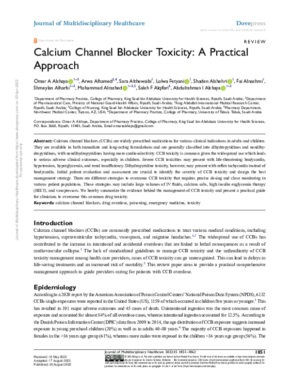 (PDF) Calcium Channel Blocker Toxicity: A Practical Approach