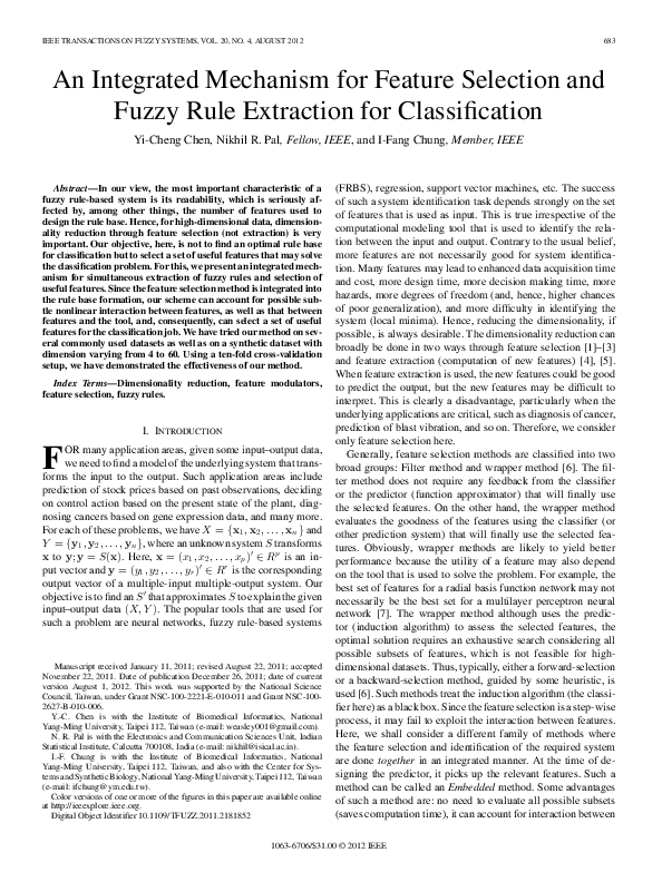 (PDF) An Integrated Mechanism for Feature Selection and Fuzzy Rule Extraction for Classification