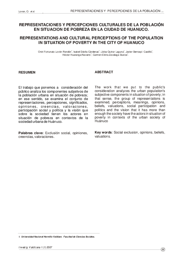 (PDF) Representaciones y Percepciones Culturales De La Poblaci N en Situacion De Pobreza en La ...