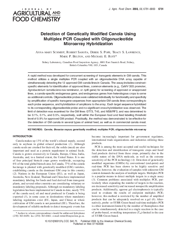 (PDF) Detection of Genetically Modified Canola Using Multiplex PCR Coupled with Oligonucleotide ...