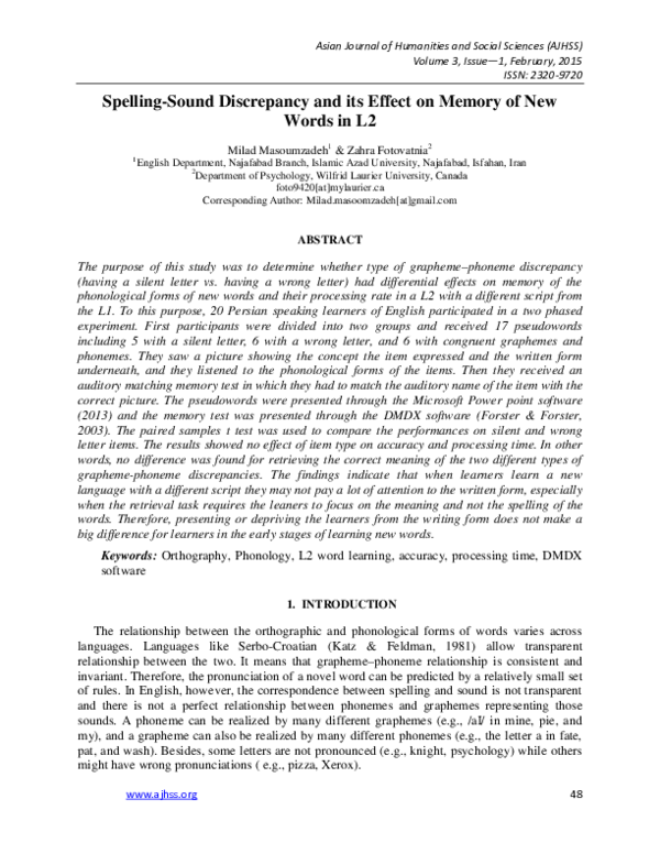 (PDF) Spelling-Sound Discrepancy and its Effect on Memory of New Words in L2