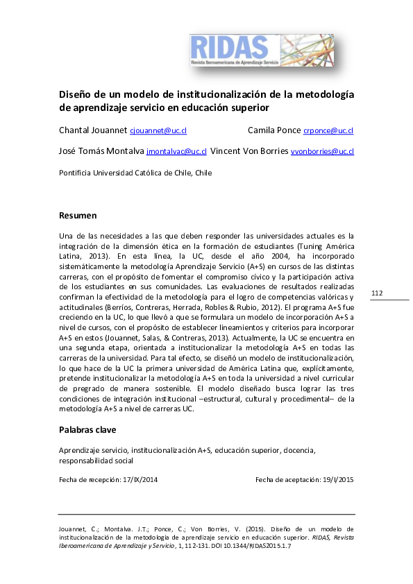 (PDF) Dise o de un modelo de institucionalizaci n de la metodolog a de aprendizaje servicio en ...