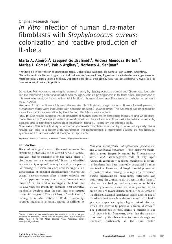 (PDF) In Vitro infection of human dura-mater fibroblasts with Staphylococcus aureus ...