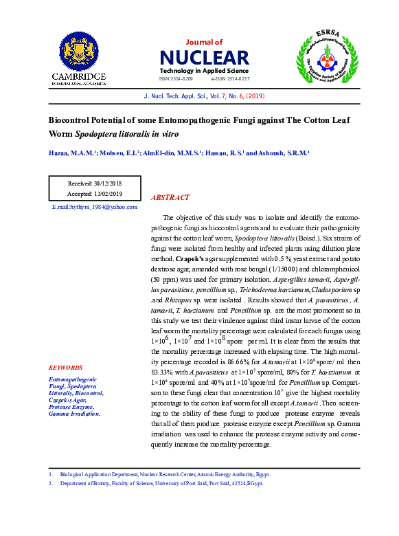 (PDF) Biocontrol Potential of some Entomopathogenic Fungi against The Cotton Leaf Worm ...