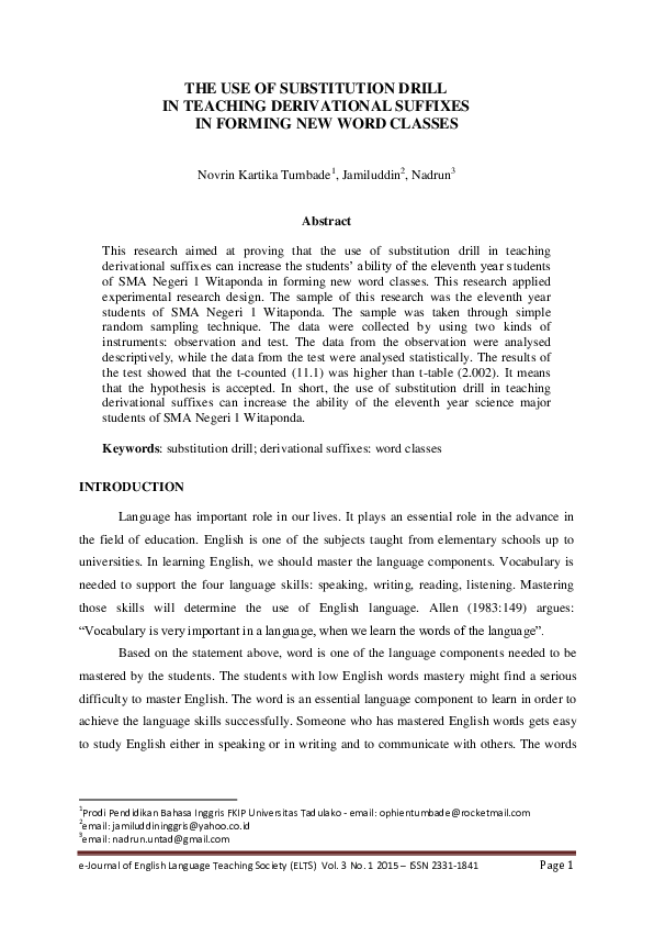 (PDF) The Use of Substitution Drill in Teaching Derivational Suffixes in Forming New Word Classes