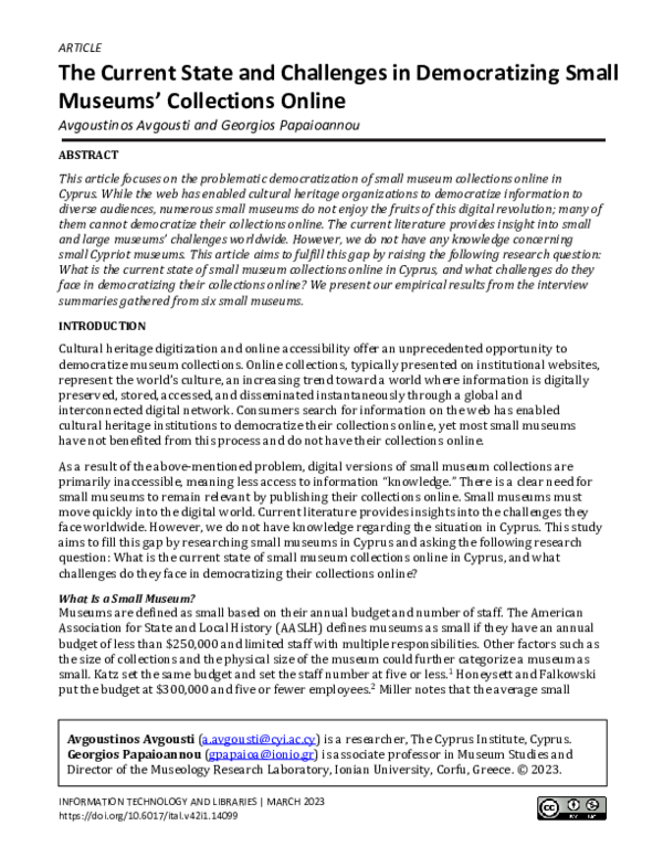 (PDF) The Current State and Challenges in Democratizing Small Museums ...