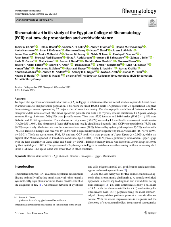 (PDF) Rheumatoid arthritis study of the Egyptian College of ...