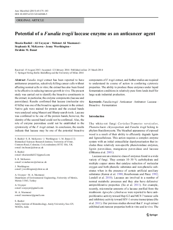 (PDF) Potential of a Funalia trogii laccase enzyme as an anticancer agent