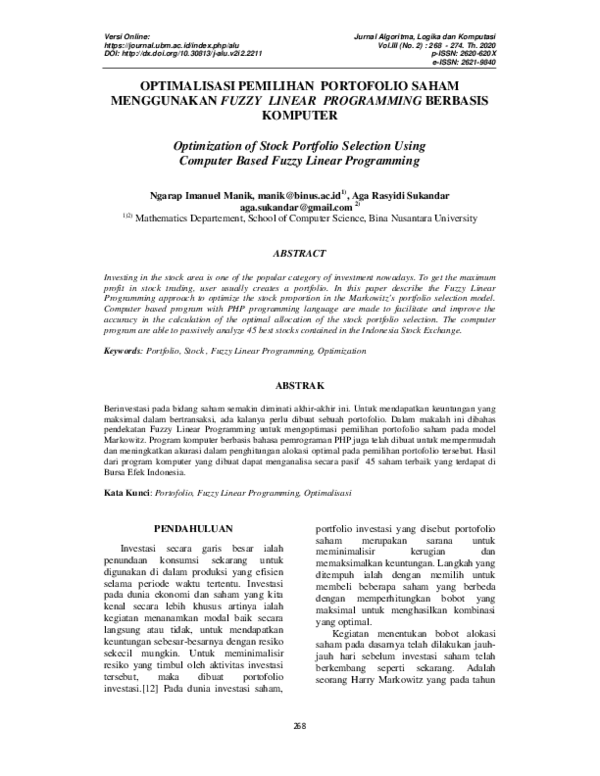 (PDF) Optimalisasi Pemilihan Portofolio Saham Menggunakan Fuzzy Linear ...
