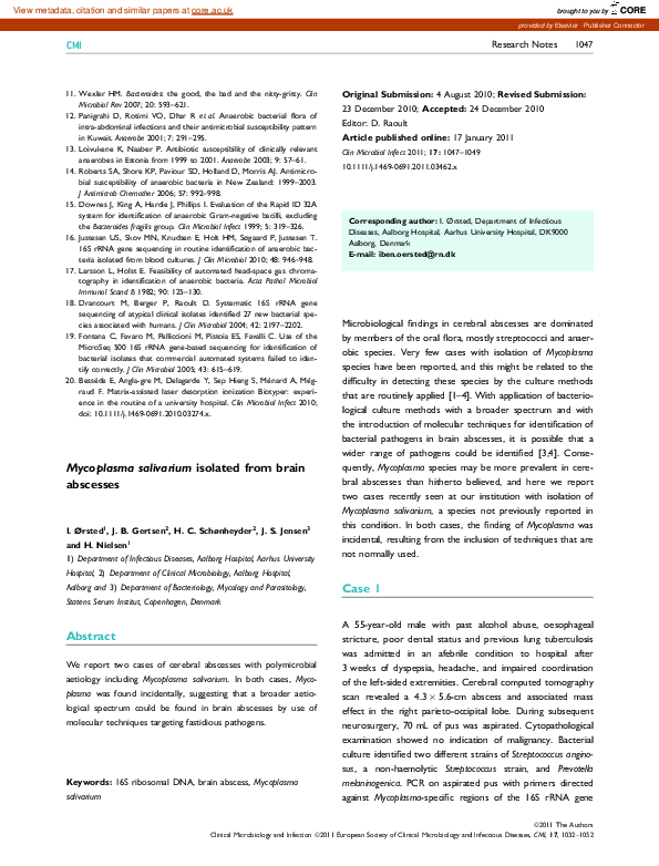 (PDF) Mycoplasma salivarium isolated from brain abscesses