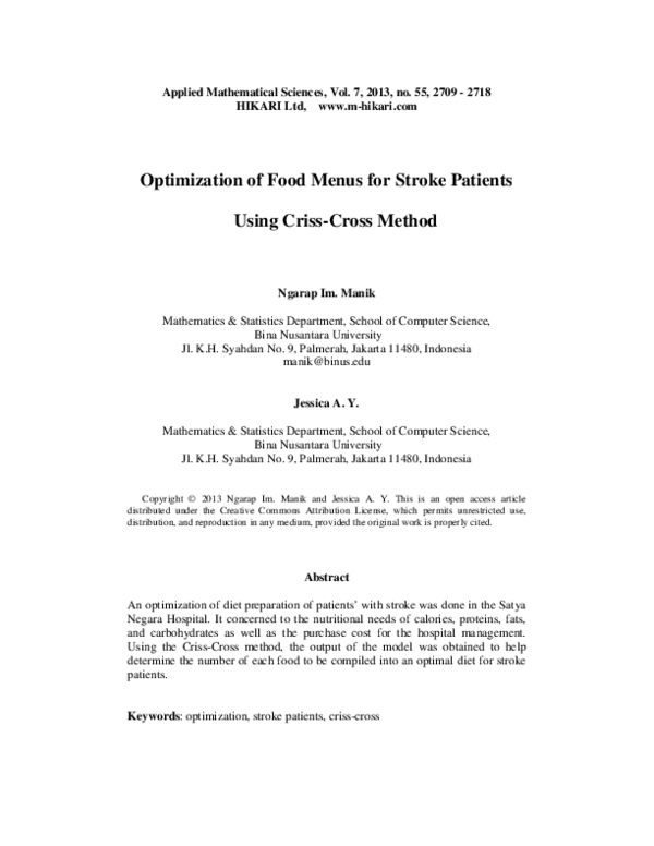 (PDF) Optimization of food menus for stroke patients using criss-cross ...