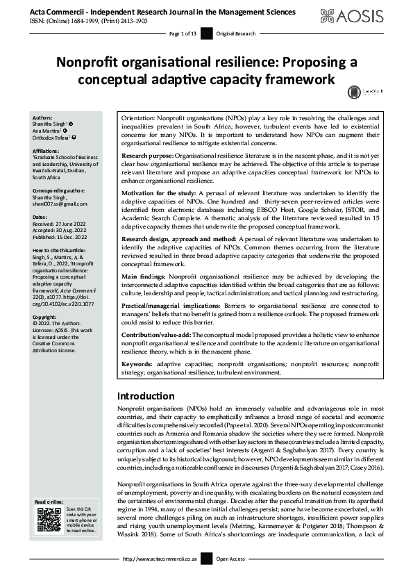 (PDF) Nonprofit organisational resilience: Proposing a conceptual ...