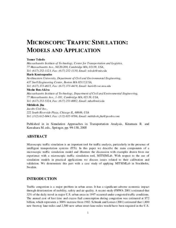 Pdf Microscopic Traffic Simulation Models And Application