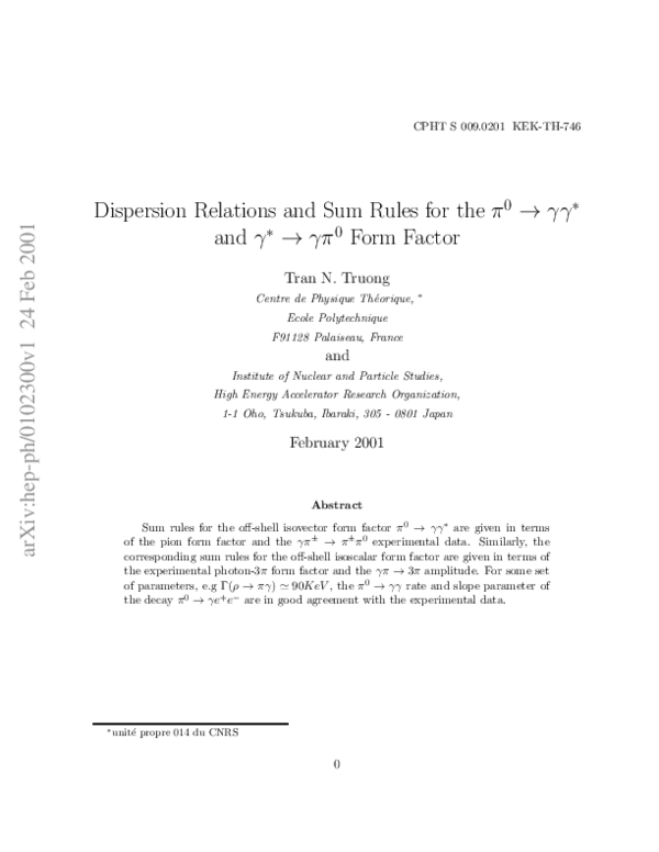 (PDF) Dispersion Relations and Sum Rules for the pi ->gamma gamma* and ...