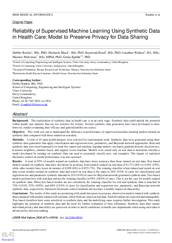 (PDF) Reliability of Supervised Machine Learning Using Synthetic Data in Health Care: Model to ...