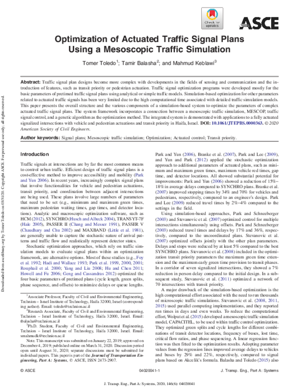 (PDF) Optimization of Actuated Traffic Signal Plans Using a Mesoscopic ...