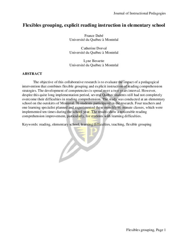 (PDF) Flexibles Grouping, Explicit Reading Instruction in Elementary School