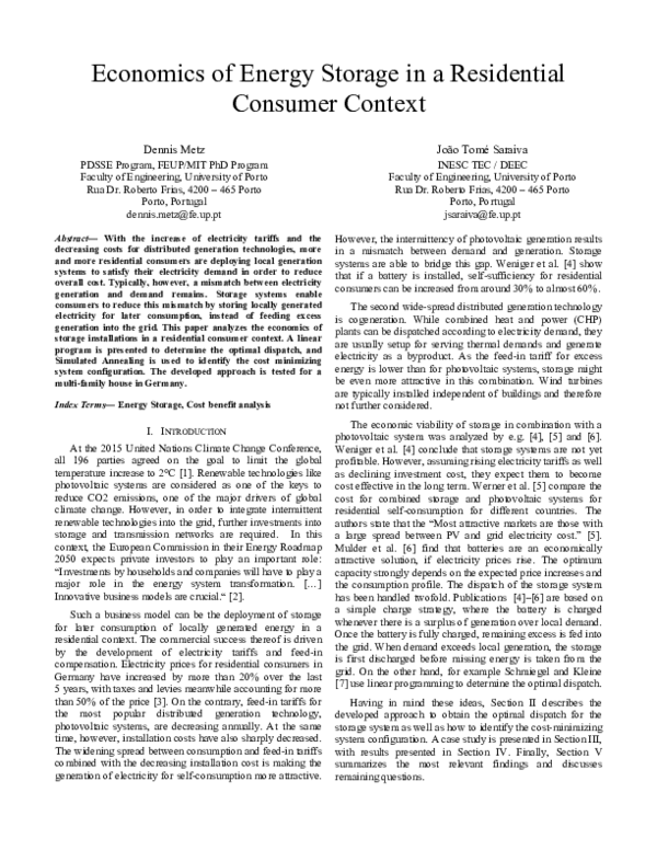 (PDF) Economics of energy storage in a residential consumer context