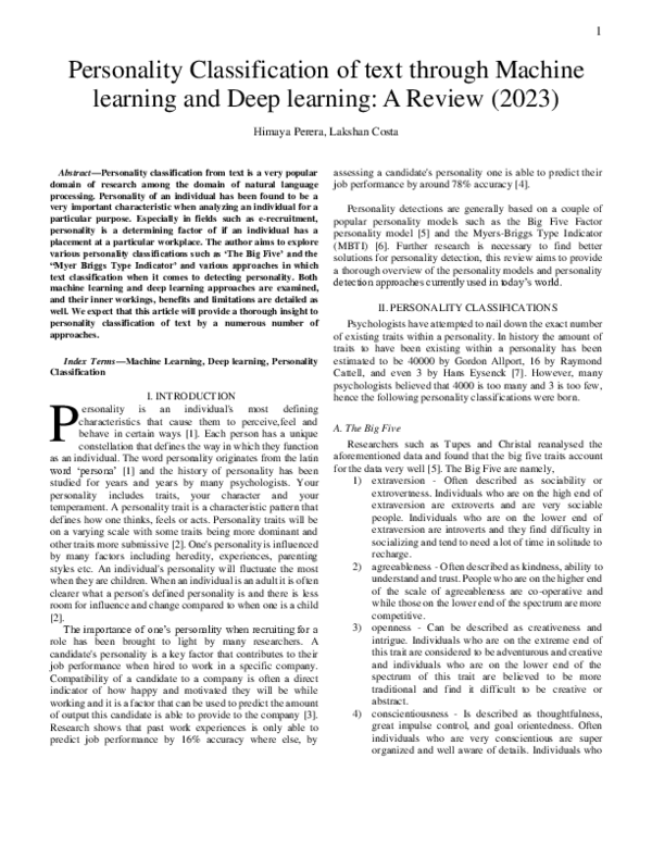 Pdf Personality Classification Of Text Through Machine Learning And Deep Learning A Review 2023