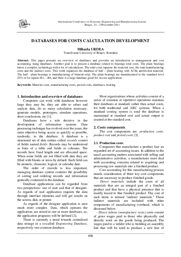 (PDF) Databases for Costs Calculation Development